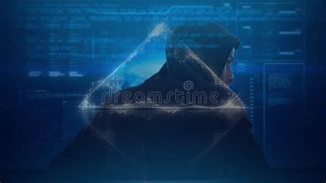 animation of data and information on interface and hooded hacker using