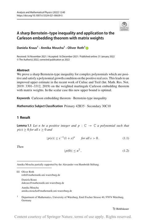 Pdf A Sharp Bernsteintype Inequality And Application To The Carleson