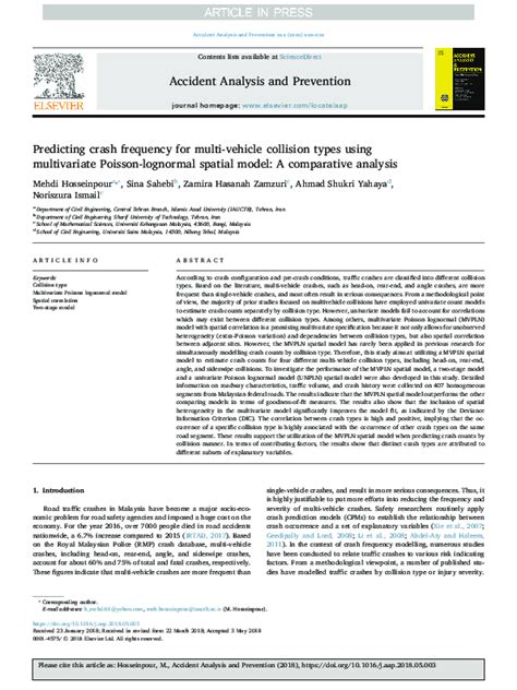 Pdf Predicting Crash Frequency For Multi Vehicle Collision Types