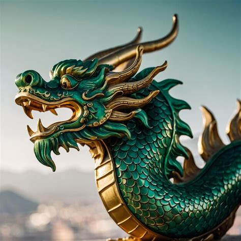 Premium Photo A Green Dragon With A Gold Ring Around Its Neck