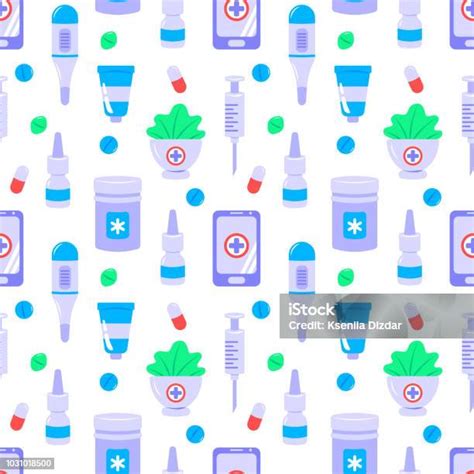 평면 스타일에 약국 완벽 한 패턴입니다 벡터 일러스트입니다 감기와 독감에 대한 스톡 벡터 아트 및 기타 이미지 감기와 독감 건강관리와 의술 다중 색상 Istock