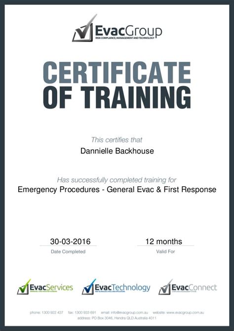 Certificate Of Training Emergency Procedures General Evac And First