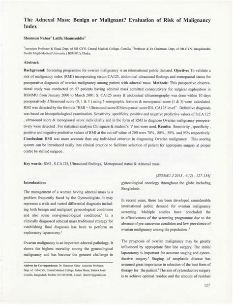 Pdf The Adnexal Mass Benign Or Malignant Evaluation Of Risk Of Malignancy Index
