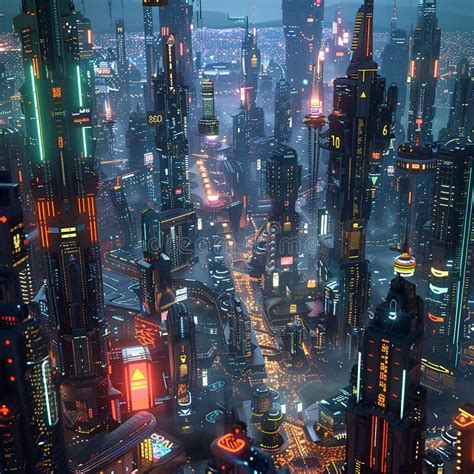 Future Cyber City With Large Technical Building And Lights Stock