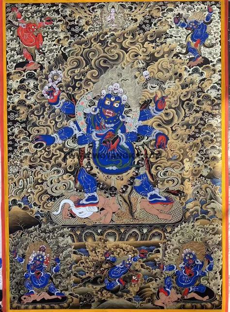 热贡 完德卡：黑金唐卡 六臂玛哈嘎拉（10070cm左右） 沃唐卡