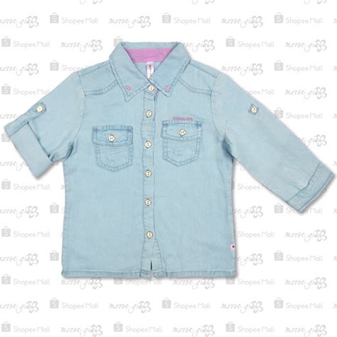 Moose Girl Light Blue Washed 34 Sleeves Blouse With Chest Pocket Gsbl