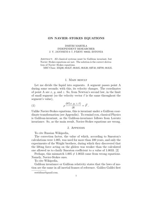 Pdf On Navier Stokes Equations