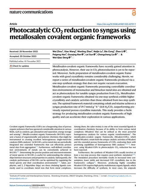 Pdf Photocatalytic Co2 Reduction To Syngas Using Metallosalen Covalent Organic Frameworks
