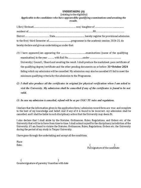 Undertaking For Admission 2023 24 Pass Appearing Pdf University And