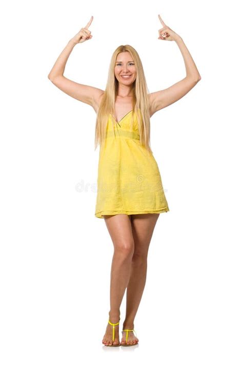 Caucasian Fair Model In Yellow Summer Dress Isolated On White Stock