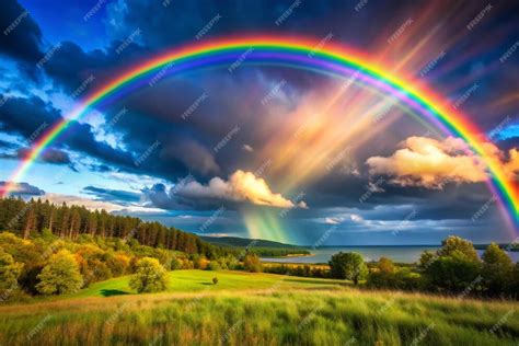 Beautiful Landscape With Rainbow Scenery Over The River Natural Rainbow