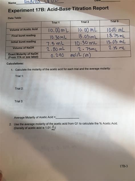 Name Andrea. or Experiment 17B: Acid-Base Titration | Chegg.com