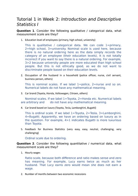 Tutorial 1 Answers Tutorial 1 In Week 2 Introduction And Descriptive Statistics I Question 1