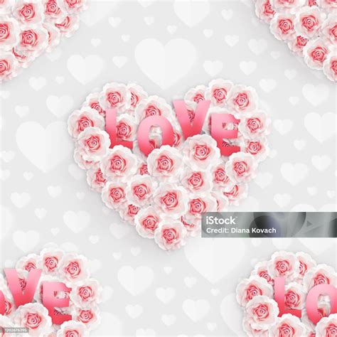 하트 모양의 고급스러운 흰색과 분홍색 장미의 원활한 패턴 텍스트 사랑 디자인 발렌타인 데이 또는 여성의 날 인사말 카드 초대장 벽지 포장지에 대한 일러스트 0명에 대한 스톡