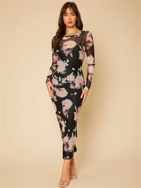 Floral Print Sheer Mesh Bodycon Dress Bodycon Dress With Sleeves