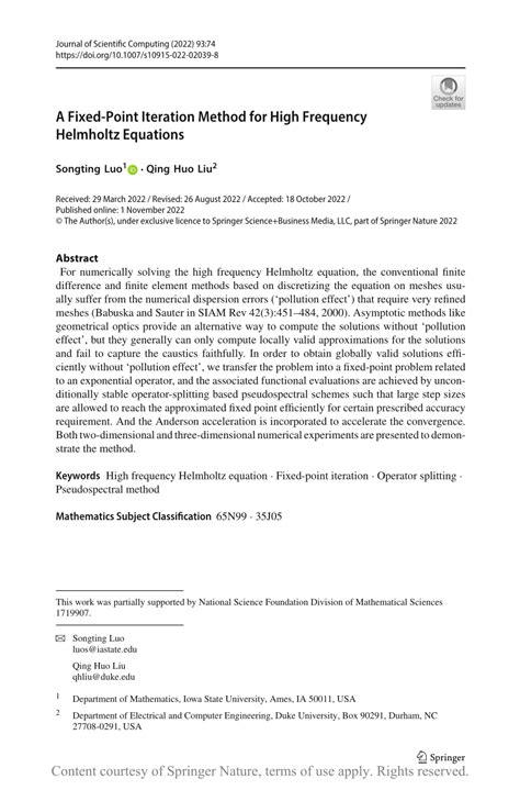 A Fixed Point Iteration Method For High Frequency Helmholtz Equations Request Pdf