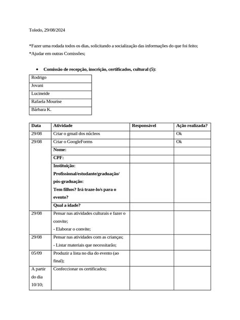 Planejamento De Evento Comissões E Tarefas Pdf
