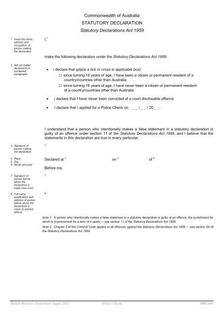 Statutory Declaration June 2011 Police Check