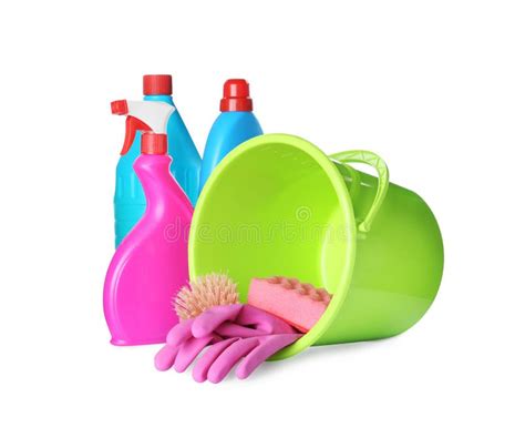 Green Bucket Cleaning Supplies And Tools On White Background Stock