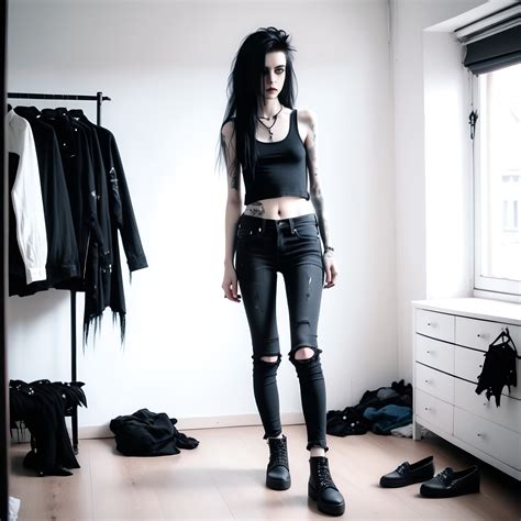 Full Body Skinny Goth Girl Getting Dressed In Her B