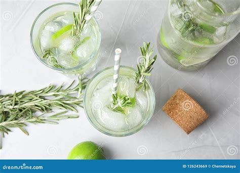 Flat Lay Composition With Lime And Rosemary Cocktail Stock Image Image Of Lemonade Juice