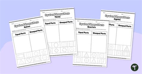 Equal And Unequal Parts Basic Fraction Worksheets Teach Starter