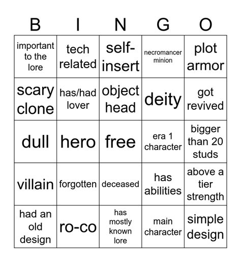 Templates House Character Bingo Card