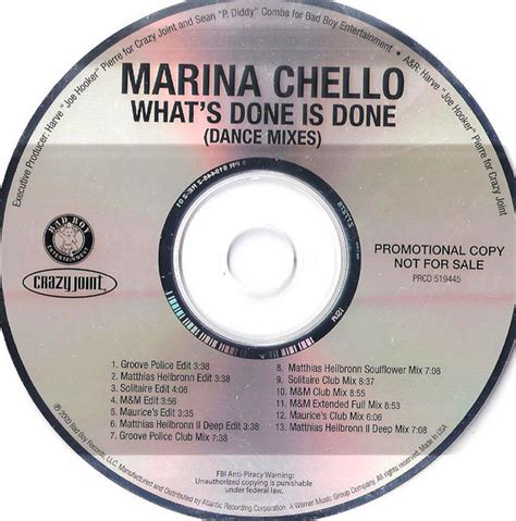 Marina Chello Whats Done Is Done Dance Mixes Cd Promo 2009 [r1870407] Discogs