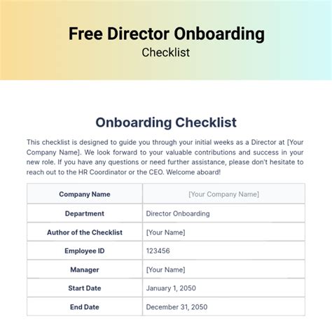 Free Director Onboarding Checklist Template To Edit Online