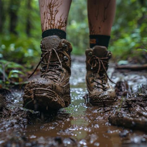 Muddy Hiking Boots On A Trek Through A Lush Forest Trail Stock Image