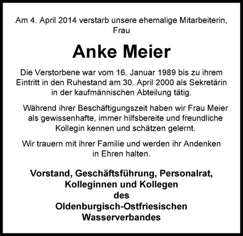 Traueranzeigen Von Anke Meier Nordwest Trauer De