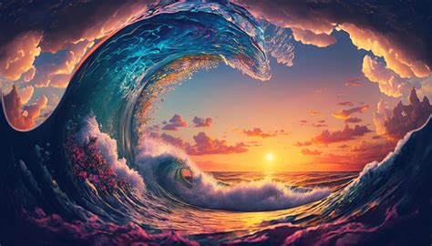 Colorful Ocean Wave Sea Water In Crest Shape Sunset Light And Beautiful Clouds On Background