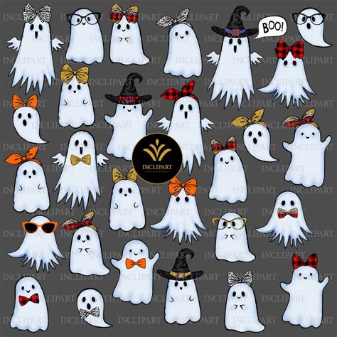 Cute Ghosts With Hat Bow And Glasses Halloween Clip Art In Png File