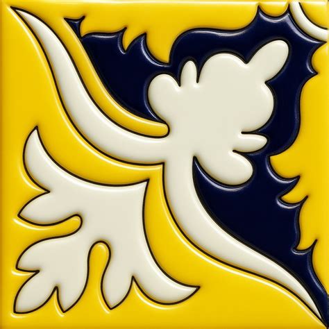 Talavera Relief Tile Yellow Blue Leaf Pattern