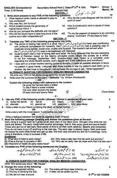 9th Class English Past Paper 2024 Gujranwala Board Group 1 Subjective