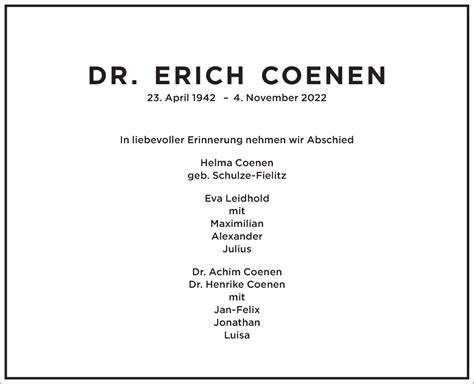 Traueranzeigen Von Erich Coenen Frankfurter Allgemeine Lebenswege