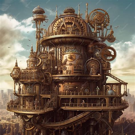 Premium Ai Image A Large Steampunk Style Building With A City In The