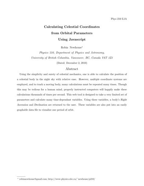 Pdf Calculating Celestial Coordinates From Orbital Parameters Using Newhousep210orbits