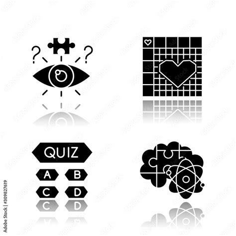 Puzzles And Riddles Drop Shadow Black Glyph Icons Set Trivia Quiz