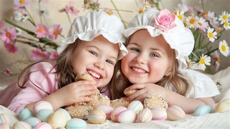Premium Photo Two Girls Joyful With Cookies And Easter Eggs