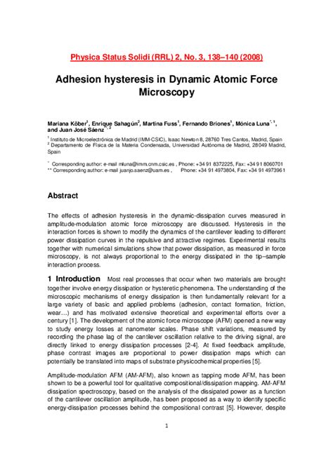 Pdf Adhesion Hysteresis In Dynamic Atomic Force Microscopy