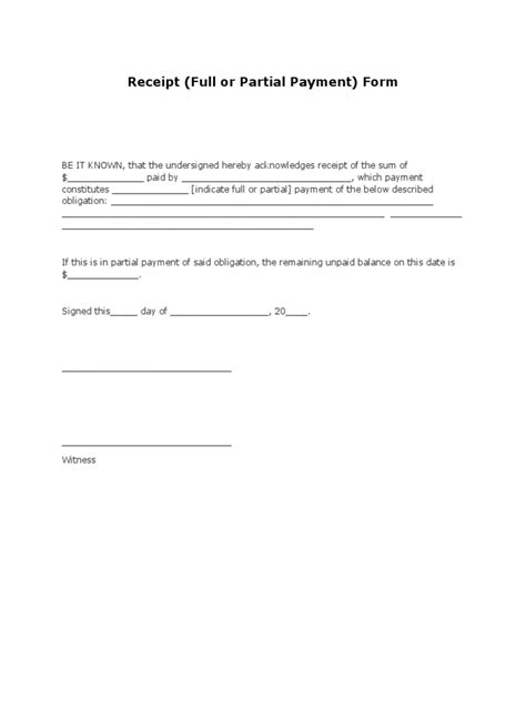 Receipt Full Or Partial Payment Form Docx