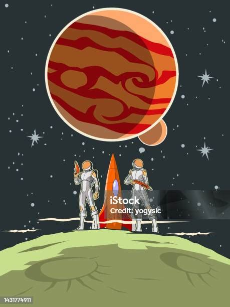 Vector Retro Scifi Astronauts On An Asteroid In Outer Space Poster