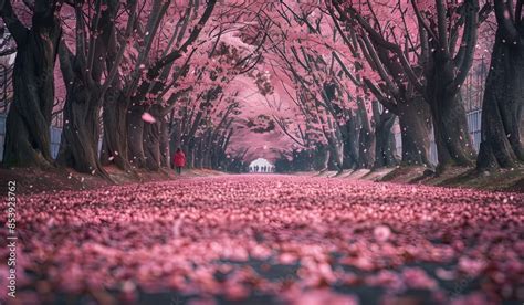 Beautiful Pink Cherry Blossom Trees In Full Bloom On The Streets Of