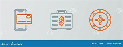 Set Line Safe Mobile Banking And Briefcase And Money Icon Vector