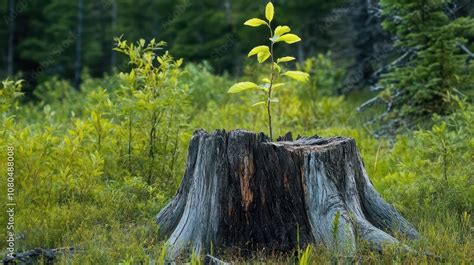 A Young Sapling Pushes Through An Ancient Tree Stump Symbolizing Resilience And New Beginnings