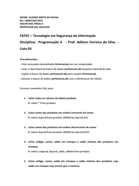 Lista De Exercícios Comandos Sql Pdf Informática Recuperação De Informação