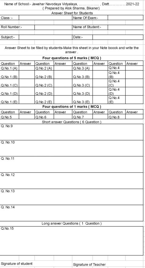 Answer Sheet Format For Pwt Unit Test For Jnv 2021 22 Chemigod