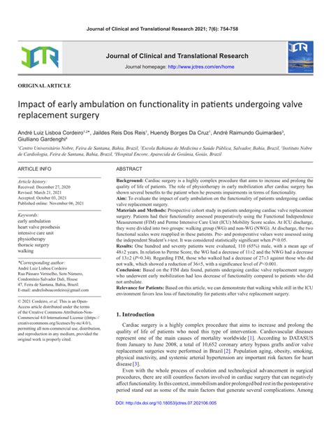 Pdf Impact Of Early Ambulation On Functionality In Patients Undergoing Valve Replacement Surgery