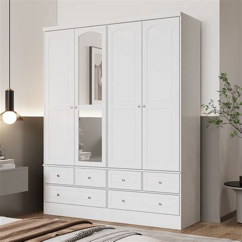 Oxylife 4 Doors Armoire Wardrobe Closet With Mirror Hanging Rod And 6
